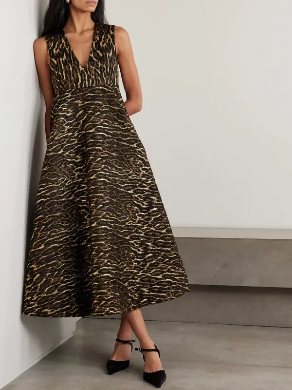 knee length dresses for ladies 1992 Yves Saint Laurent Runway Gold Metallic Leopard Print Asymmetric –  Fashion Full Circle main image 0