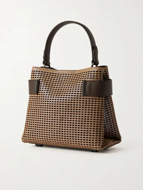 Brunello Cucinelli Essence Small Bead-embellished Perforated Metallic Leather Shoulder Bag
