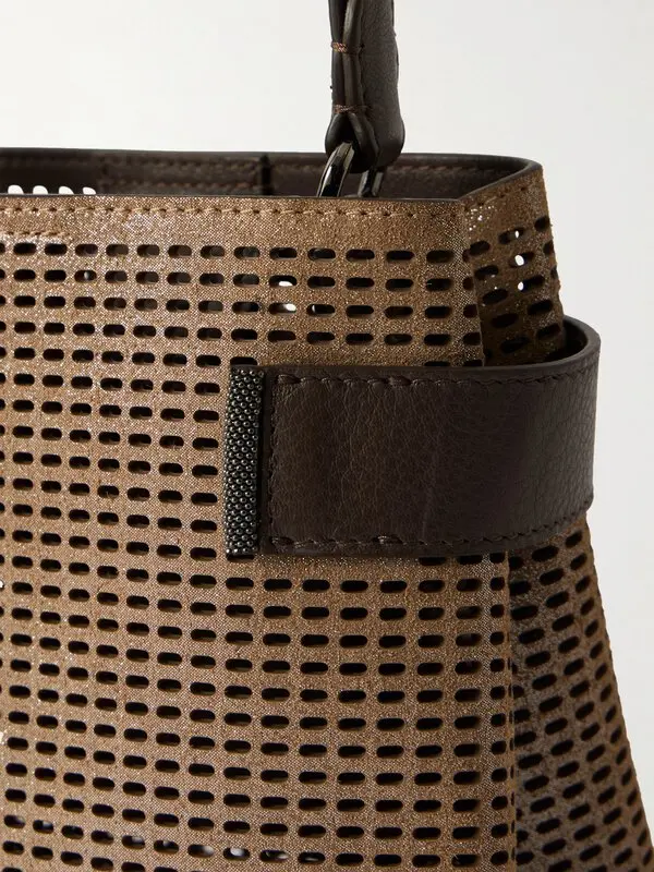 Brunello Cucinelli Essence Small Bead-embellished Perforated Metallic Leather Shoulder Bag