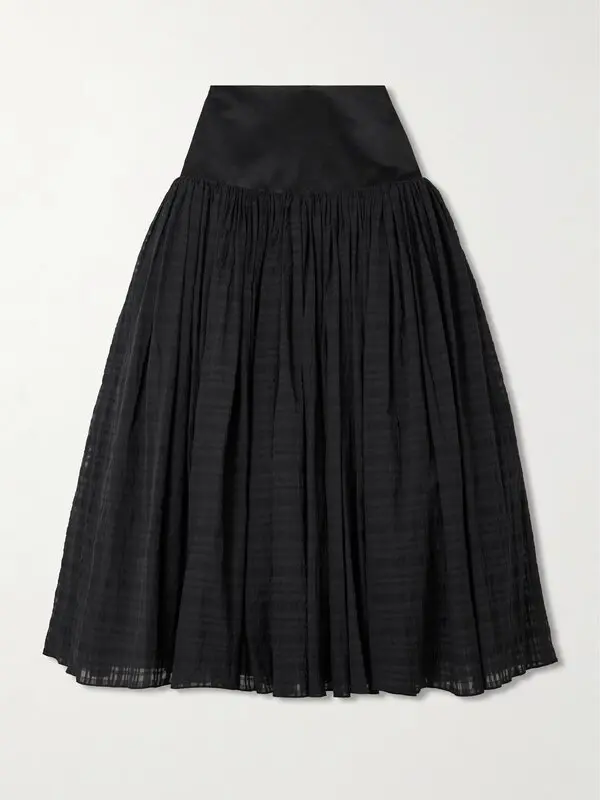 ABADIA Satin-trimmed Pleated Checked Gauze Maxi Skirt - Black