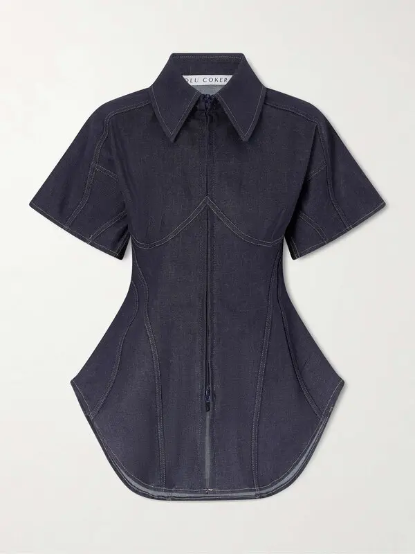 TOLU COKER Paneled Denim Blouse