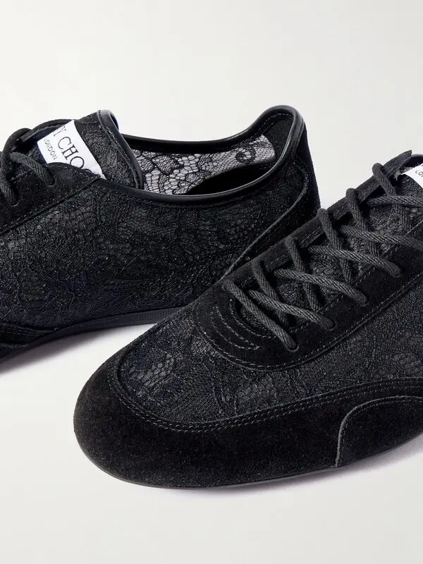 JIMMY CHOO Leather-trimmed Suede And Lace Sneakers - Black