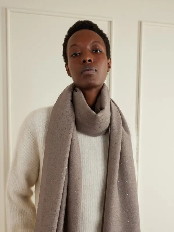 Brunello Cucinelli Sequined Cashmere And Silk-blend Scarf - Brown