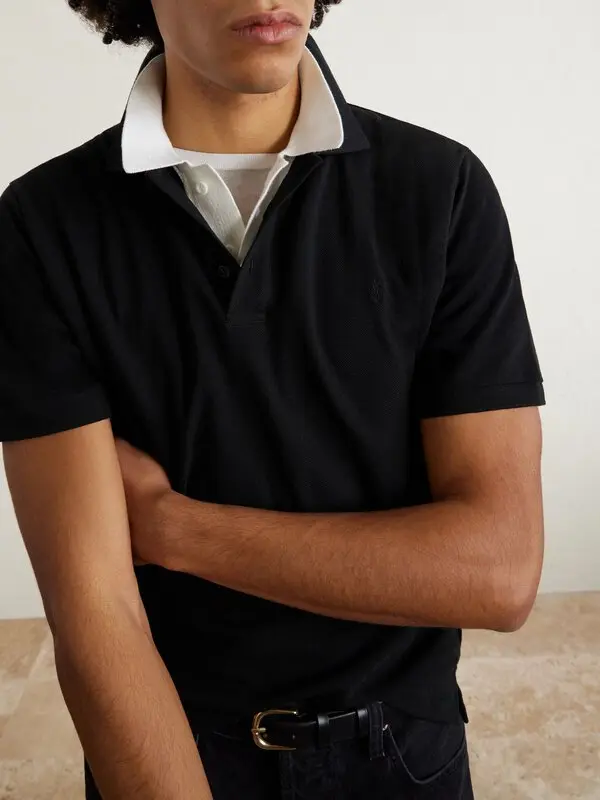 Saint Laurent Logo-embroidered Cotton-blend Piqué Polo Shirt - Black