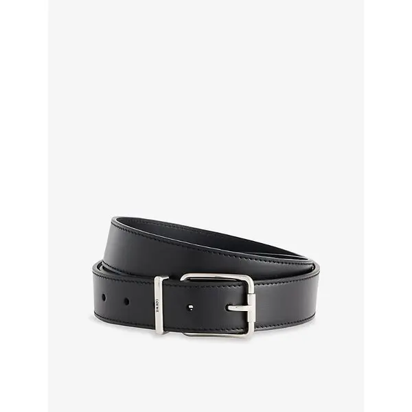 Loewe Engraved-logo Leather Belt - Black/vintage Palladium