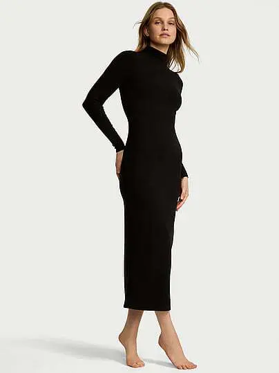 Victoria's Secret Smoothing Ribbed Long-sleeve Turtleneck Maxi Dress - Black