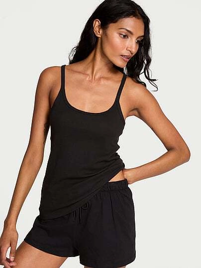 Victoria's Secret Ribbed Stretch-cotton Racerback Tank Top - Black
