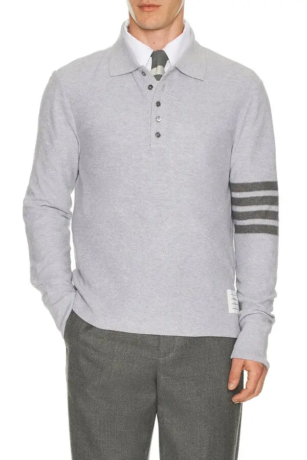 Thom Browne Long Sleeve Pique Polo In Grey - Pale Grey