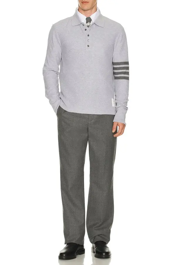 Thom Browne Long Sleeve Pique Polo In Grey - Pale Grey