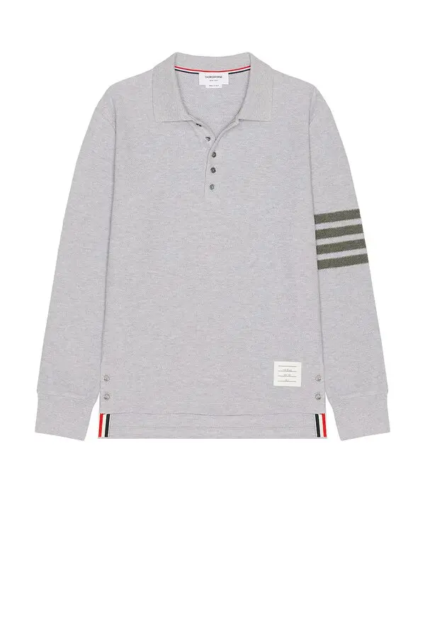 Thom Browne Long Sleeve Pique Polo In Grey - Pale Grey