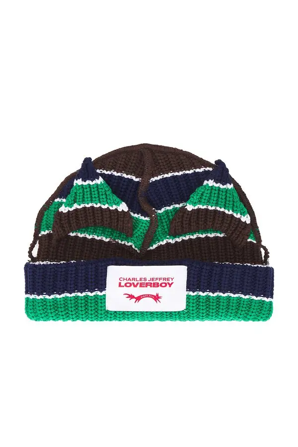 CHARLES JEFFREY Chunky Ears Beanie - Green  Navy  & Brown Stripe