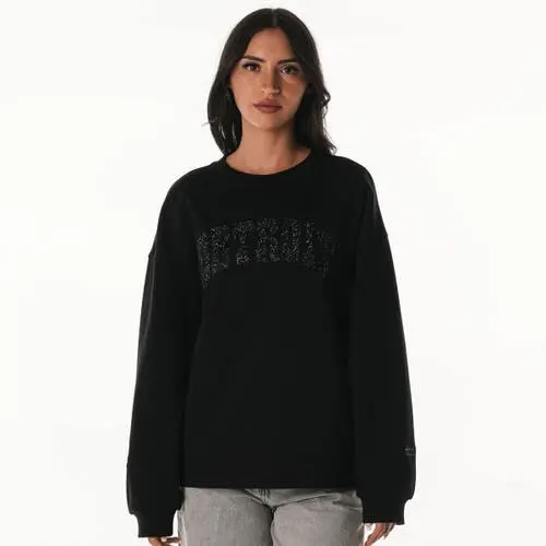 THE WILD COLLECTIVE Rock Crystal Detroit Lions Crewneck Sweatshirt - Black