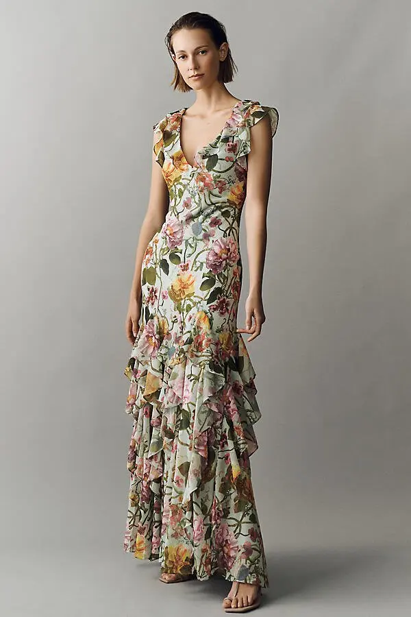 Bhldn Chiffon Ruffle Maxi Dress - Mint