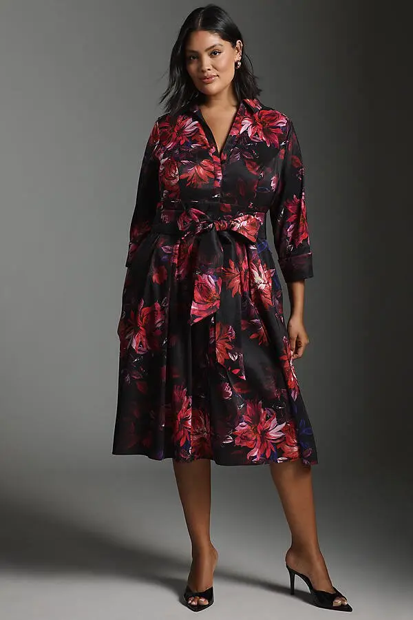 Adrianna Papell Long-sleeve Midi Shirt Dress - Black Pattern