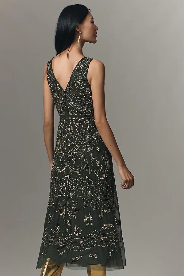 Adrianna Papell Petite Sleeveless V-Neck A-Line Midi Dress - Olive |  Editorialist