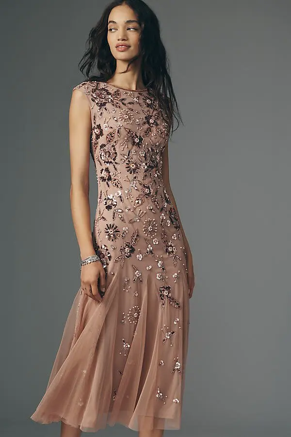 rose gold adrianna papell dress Adrianna Papell Women's Foil Leaf Draped Gown main image 1
