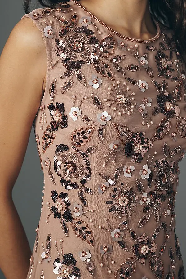 Adrianna Papell Petite Beaded Mesh Midi Dress - Rose Gold | Editorialist