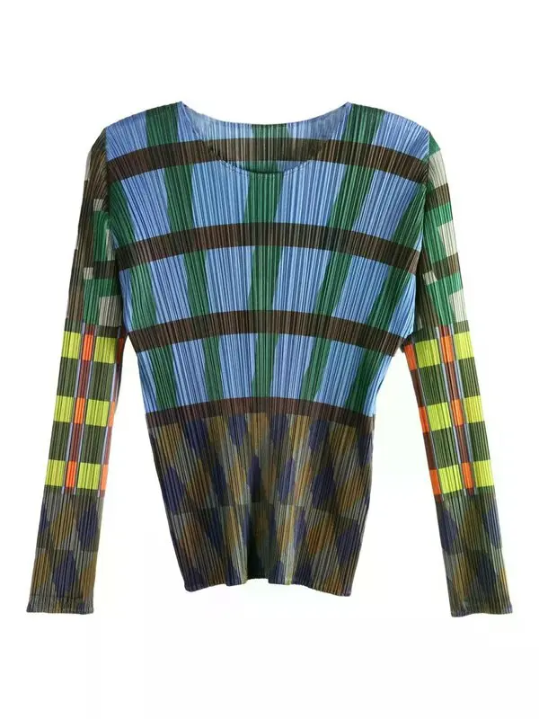 Issey Miyake Harmony Plaid-pattern Pleated Top - Blue