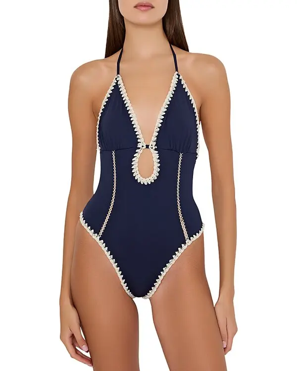 MILLY Cutout Crochet Trim One Piece Swimsuit - Navy