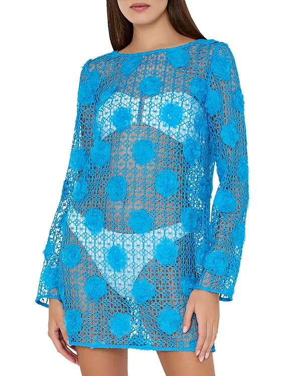 MILLY 3d Floral Crochet Swim Cover Up Dress - Blue