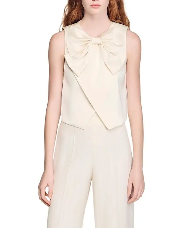 Sandro Satin Bow Crop Top - Ecru