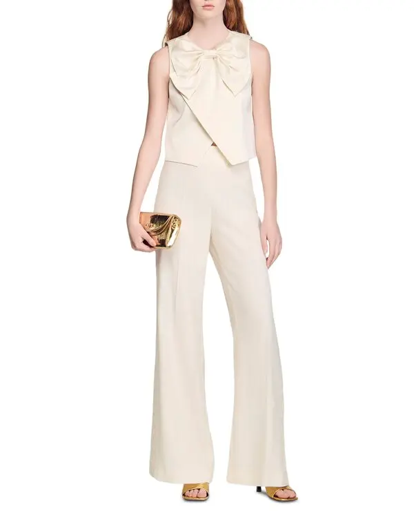 Sandro Satin Bow Crop Top - Ecru