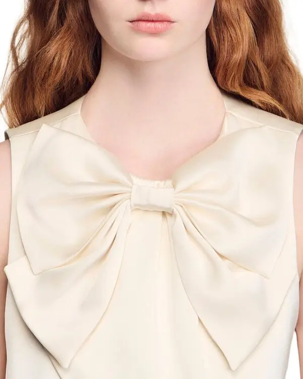 Sandro Satin Bow Crop Top - Ecru