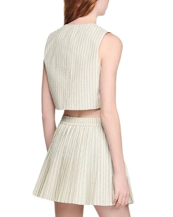 Sandro Striped Rhinestone Embellished Crop Top - Ecru