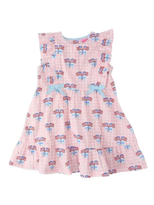 RUFFLEBUTTS Sleeveless Bow Pinafore Dress - Pink Patriotic Gingham