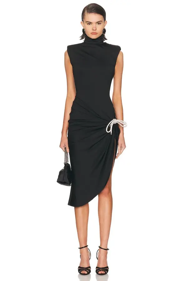AREA Crystal Knot Draped Midi Dress