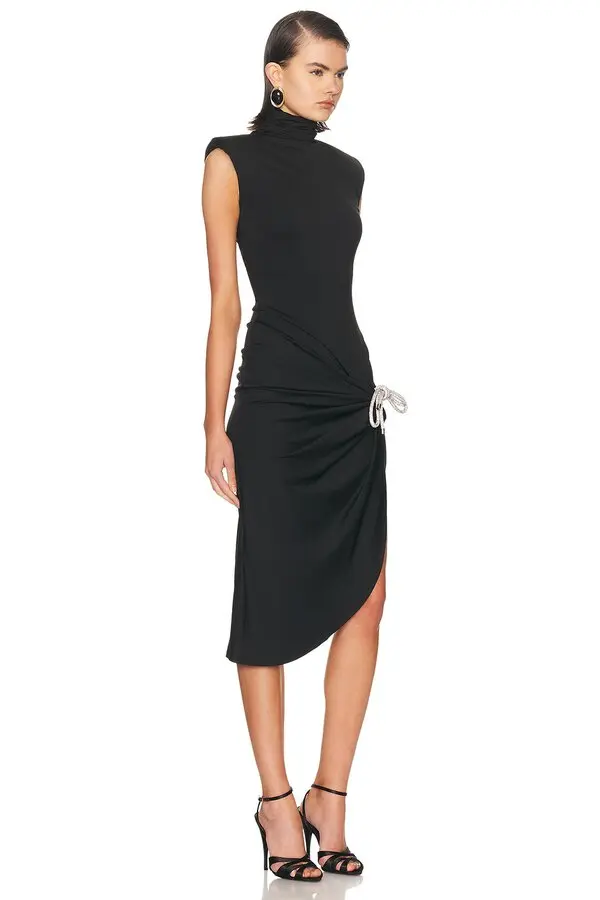 AREA Crystal Knot Draped Midi Dress