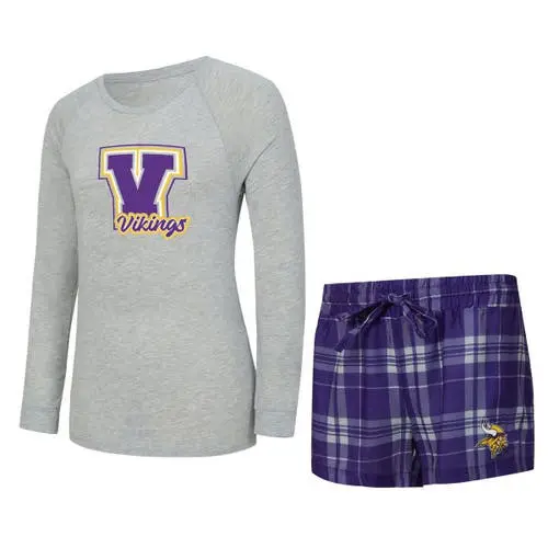 CONCEPTS SPORT Plaid Long-sleeve T-shirt & Shorts Sleep Set - Heather Gray
