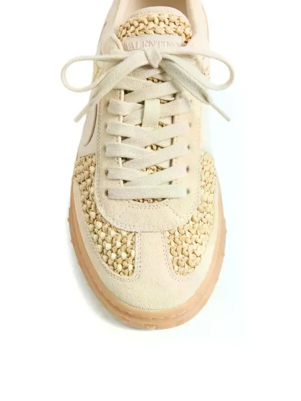 Valentino Garavani Upvillage Sneakers In Woven Raffia And Nappa Calfskin - Neutrals