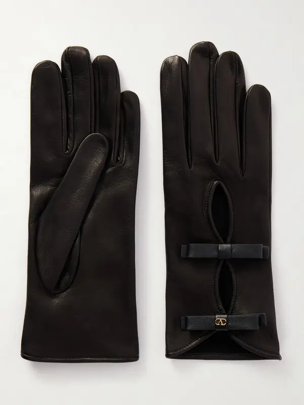 Valentino Garavani Vlogo Bow-embellished Leather Gloves - Black