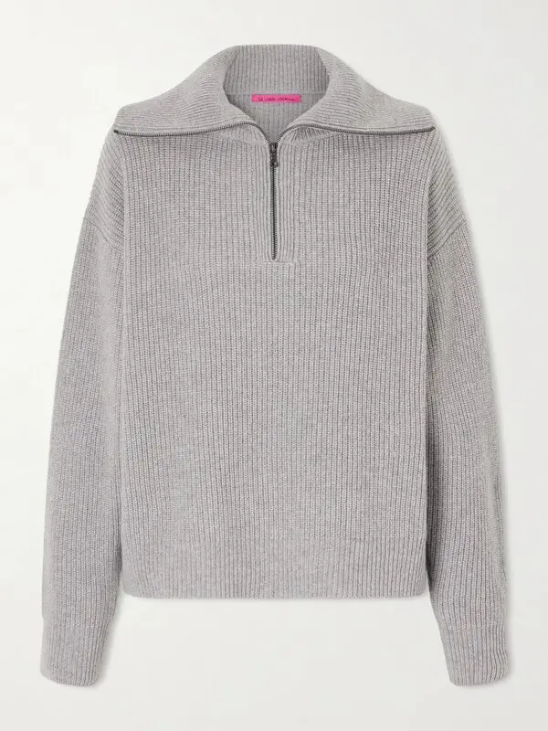 THE ELDER STATESMAN Runyon Ribbed Cashmere Turtleneck Half-zip Sweater - Silver