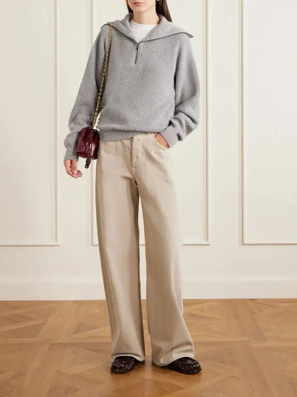 THE ELDER STATESMAN Runyon Ribbed Cashmere Turtleneck Half-zip Sweater - Silver