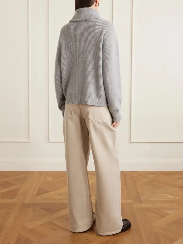 THE ELDER STATESMAN Runyon Ribbed Cashmere Turtleneck Half-zip Sweater - Silver