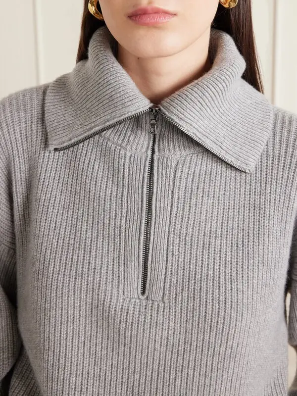 THE ELDER STATESMAN Runyon Ribbed Cashmere Turtleneck Half-zip Sweater - Silver