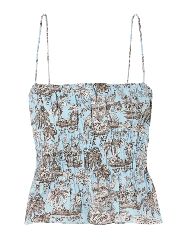 Staud Ayla Cropped Shirred Printed Top - Blue