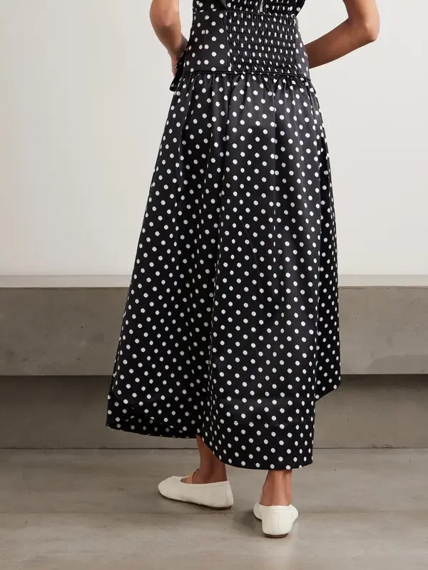 GANNI Gathered Polka-dot Recycled Satin Midi Skirt - Black