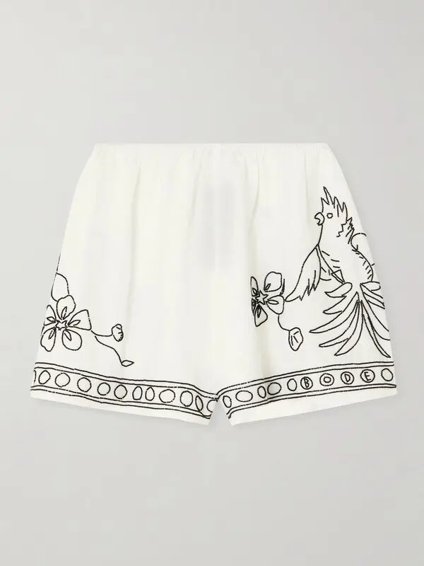 BODE Cockatoo Tap Bead-embellished Cotton And Silk-blend Shorts - White