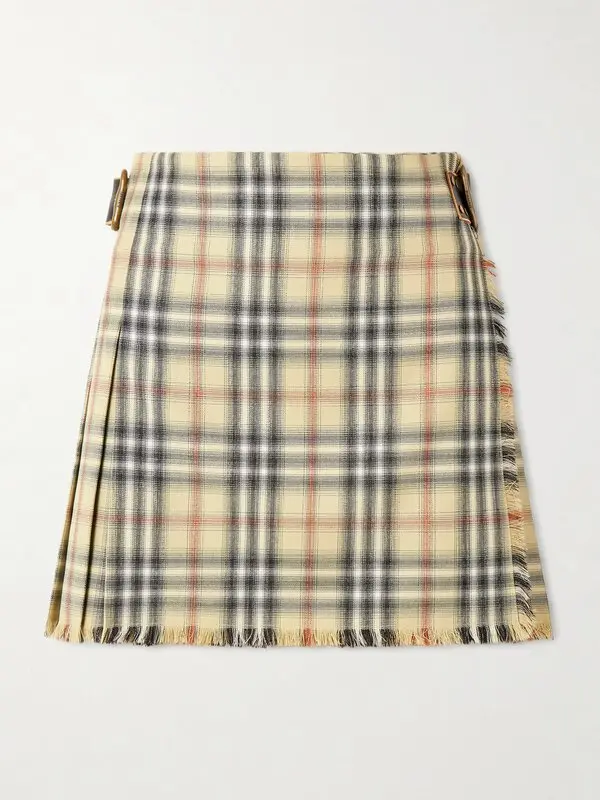 Burberry Leather-trimmed Pleated Checked Wool Mini Skirt - Neutrals