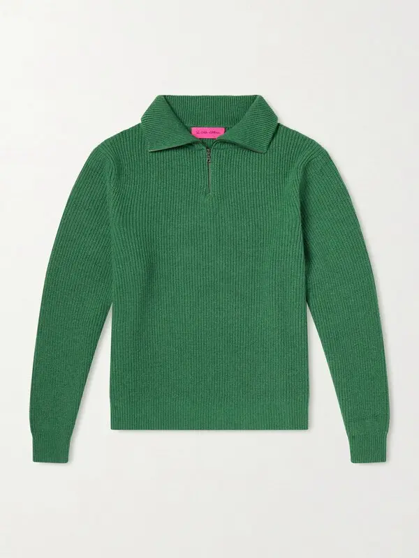 THE ELDER STATESMAN Clemente Ribbed Cashmere Half-zip Sweater - Green