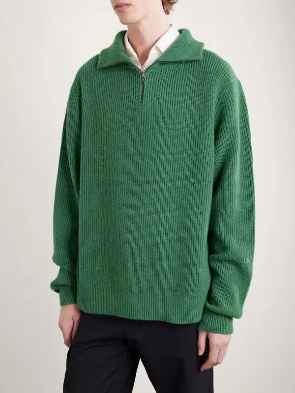 THE ELDER STATESMAN Clemente Ribbed Cashmere Half-zip Sweater - Green