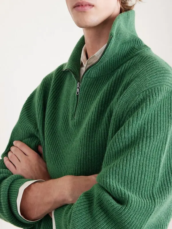 THE ELDER STATESMAN Clemente Ribbed Cashmere Half-zip Sweater - Green