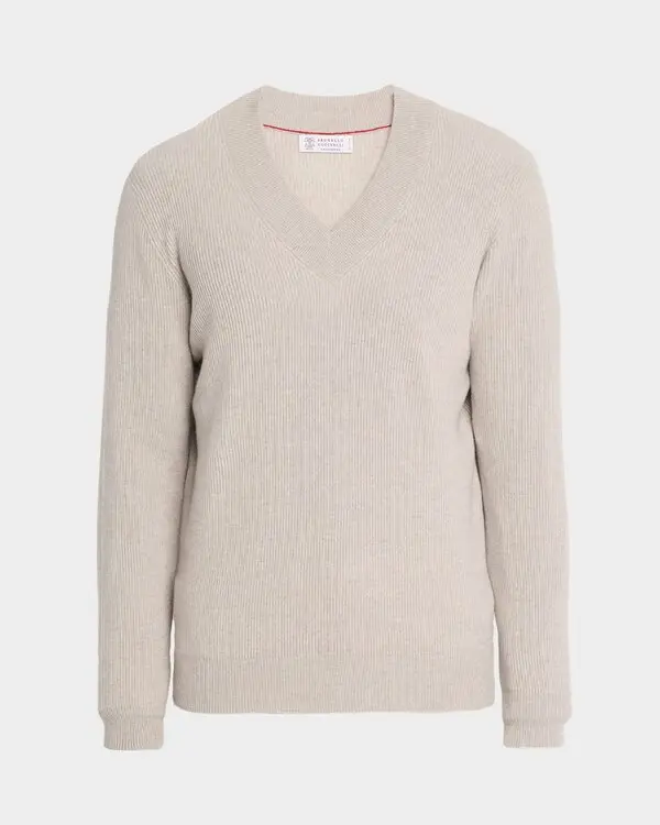 Brunello Cucinelli V-neck Ribbed Cashmere Sweater - Grey