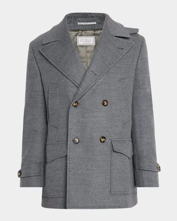 Brunello Cucinelli Wool Double-breasted Peacoat With Maxi Lapels - Light Grey