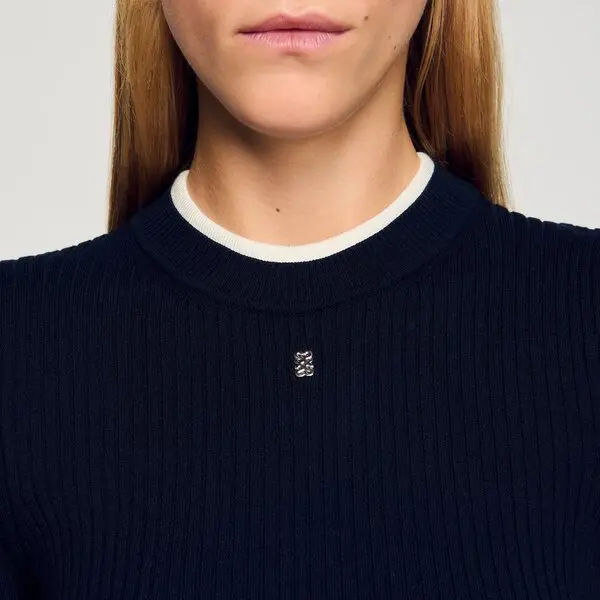 Sandro Layered Trim Knit Sweater - Navy Blue
