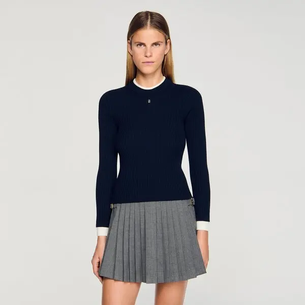 Sandro Layered Trim Knit Sweater - Navy Blue