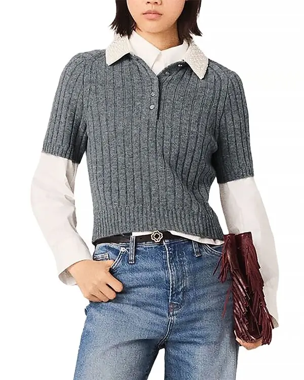 Maje Beaded Collar Ribbed Sweater - Grey